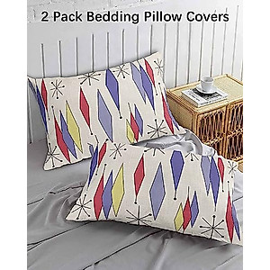 Edwiinsa Purple Red Yellow Pillow Covers Standard Size Set of 2 20x26 Bed Pillow, Middle Century Geometry Abstract Art Burlap Plush Soft Comfort for Hair/Skin Cooling Pillowcases with Envelop Closure