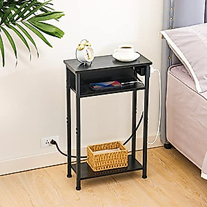 AMHANCIBLE Narrow Side Table with Charging Station, Slim Tables Set of 2, End Table for Small Spaces, 3 Tier Storage Shelf, USB Ports & Power Outlet, Metale Frame HETN03BK