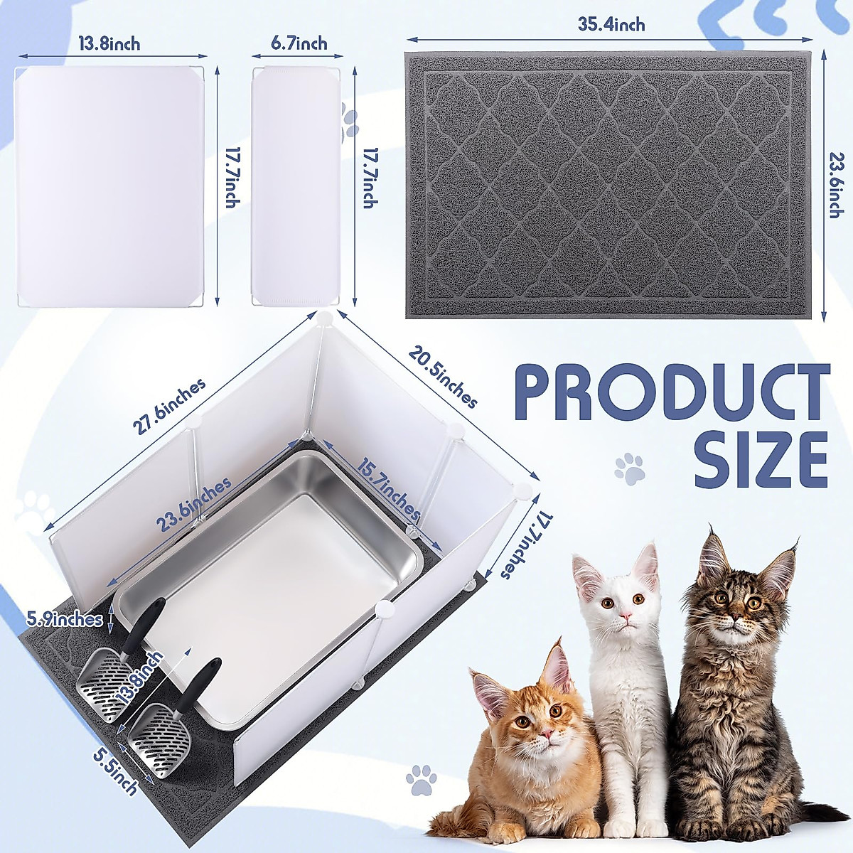 Tioncy 2 Set Stainless Steel Cats Litter Box Extra Large Metal with 2 Scoop, 12 Splash Guard and 2 Mat, Never Absorbs Odor, Easy Clean, 23.6 x 15.7 x 5.9 Inches