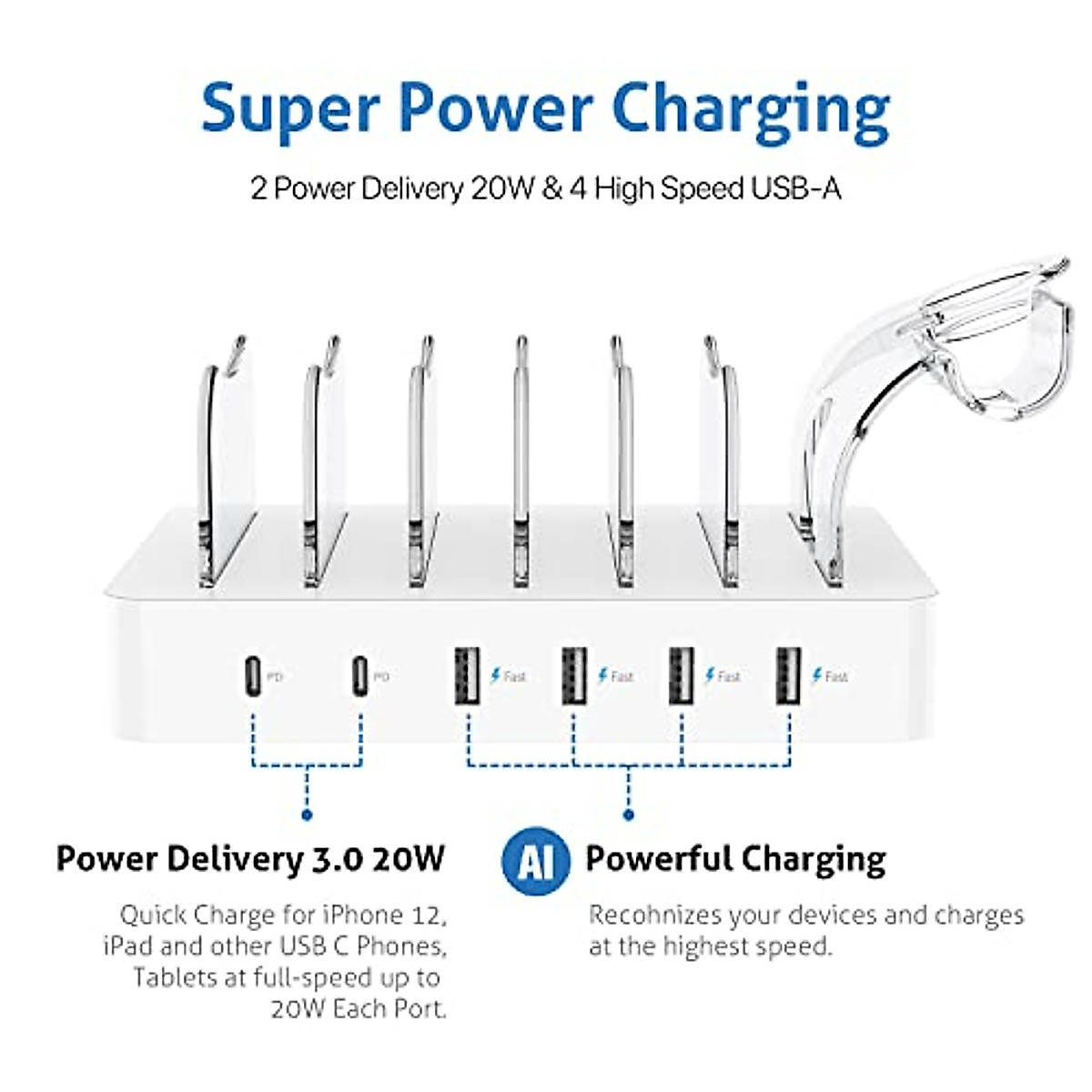 SooPii 6-Port USB-C Charging Station for Multiple Devices,2 PD 20W Fast Charging for lPhone 13/12,6pcs USB Charging Cables and 1pcs Upgraded Holder for I Watch Charger & Air Pods Included