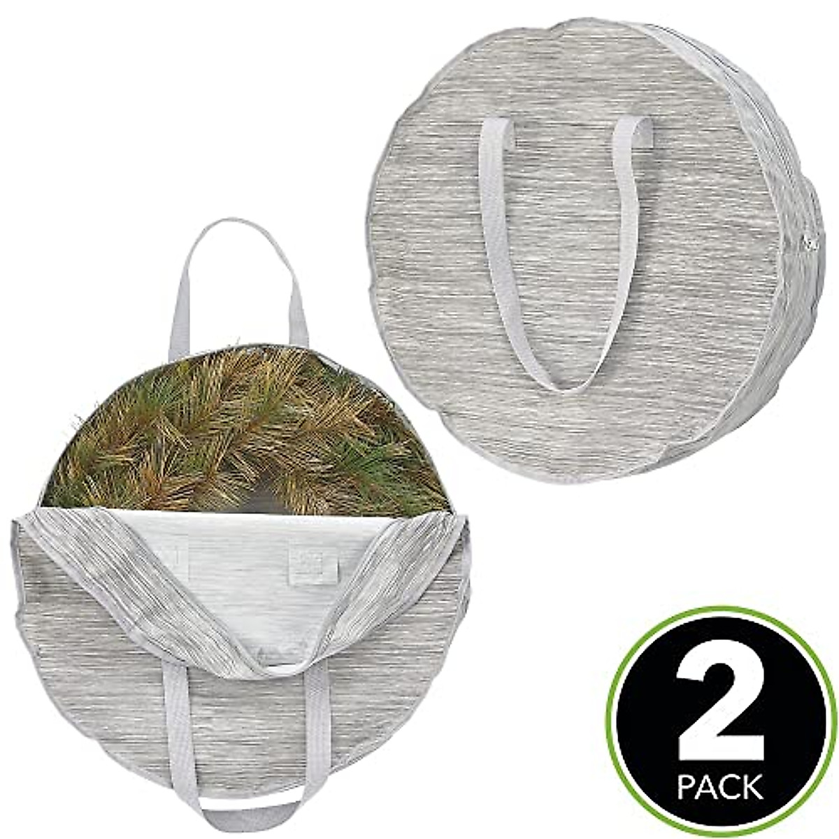 mDesign Round 19" Wreath Storage Container with Handles - Fabric Christmas Wreath Storage Bag and Protector - Garland Storage Bag Container - Holiday Decoration Organizer - 2 Pack, Striped Taupe/Tan