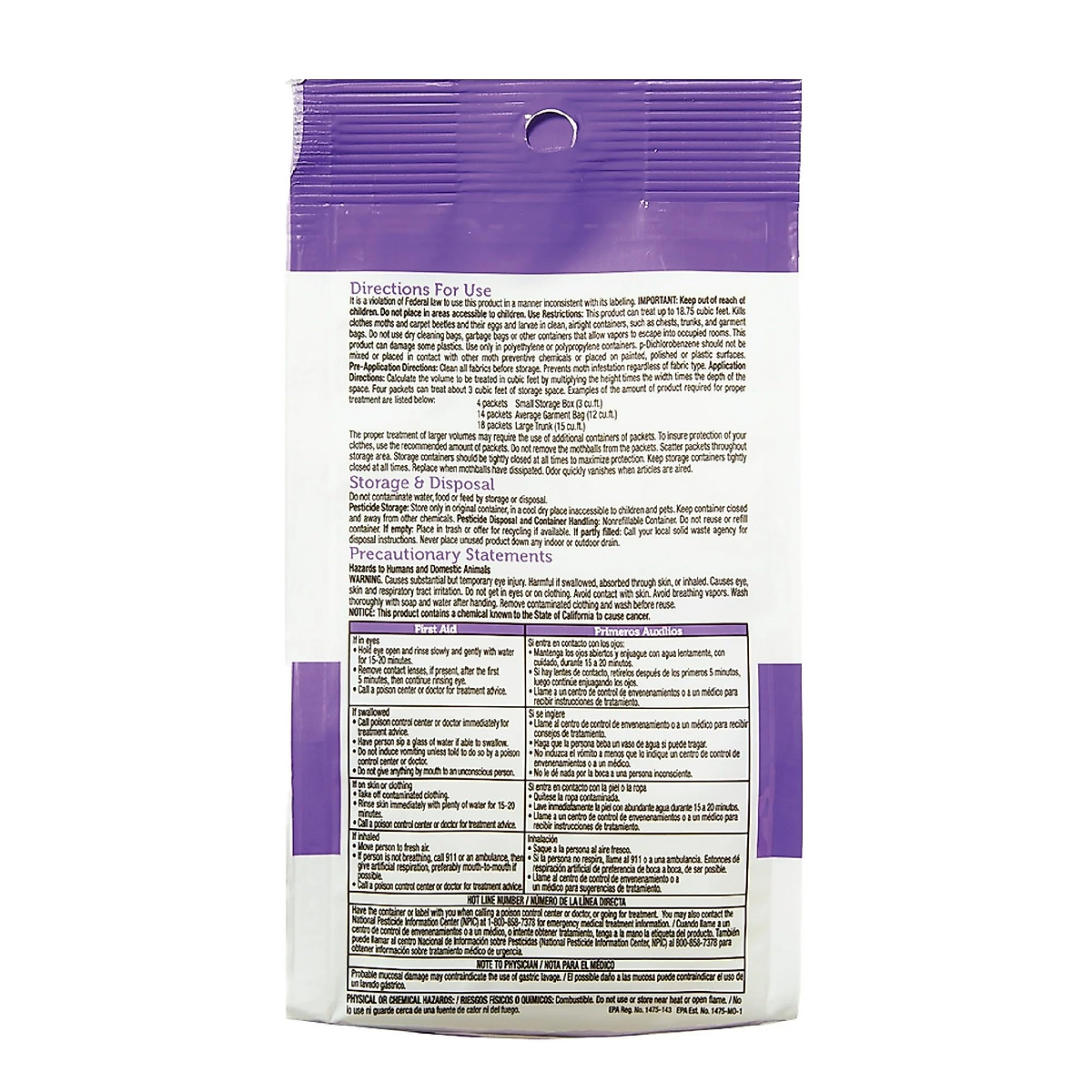 Enoz Moth-Tek Packets, Kills Clothes Moths and Carpet Beetles, Resealable Bag, Single Use Packets, Lavender Scent, 6 oz