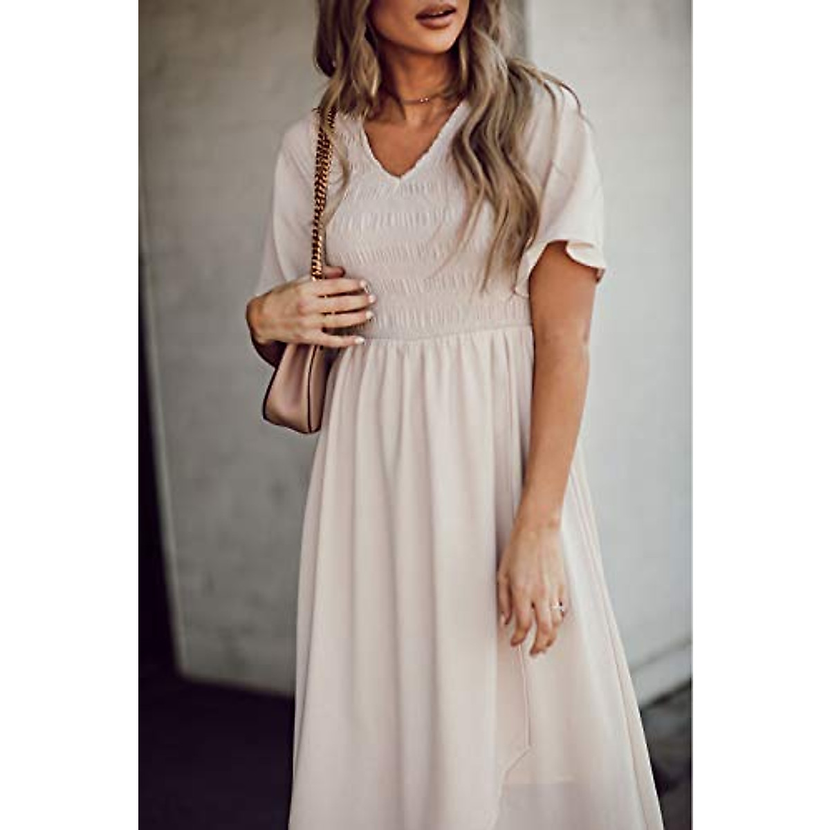 Zattcas Womens 2023 Smocked Maxi Dress Short Sleeve Vneck Casual Summer High Low Flowy Long Dress Cream S