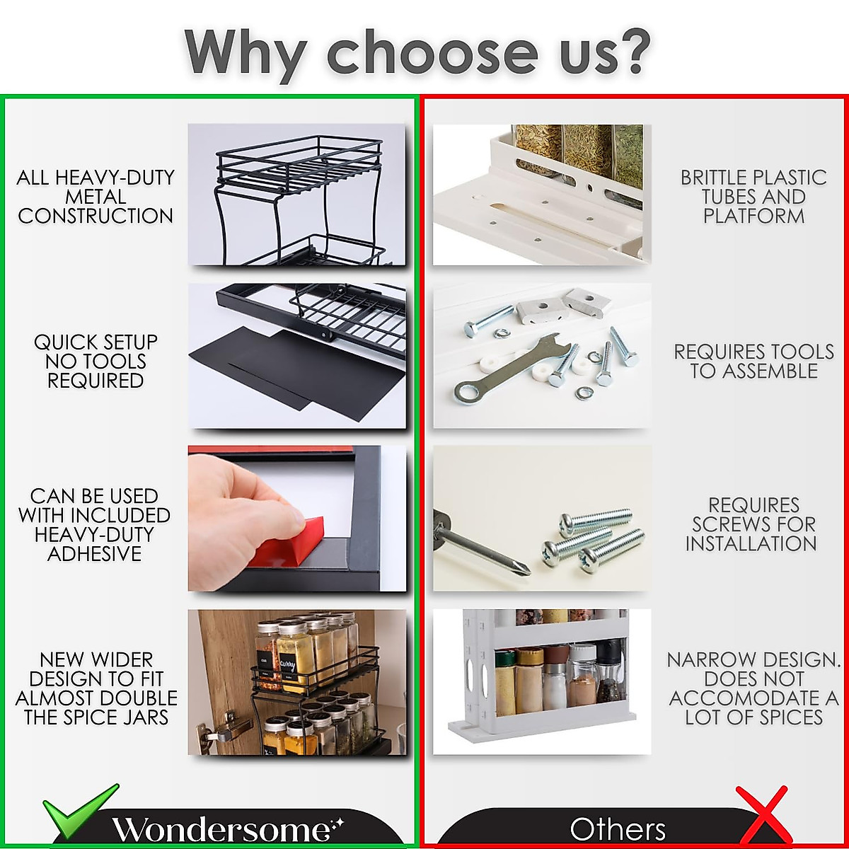 Wondersome Pull-Out Spice Rack Organizer for Cabinet Shelf - Matt Black - 2-Tier Kitchen Jars Organization and Storage Tray - EZ-Slide Rolling Drawer Wheels - Assembles in Moments - US-Based Brand