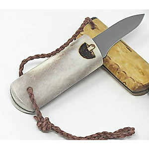 Outdoor Merchants, Made in Finland Kellam Knives Mushroom Pocket Fixed Blade Knife Mushroom Forage Tool Reindeer Antler and Curly Birch, Wood