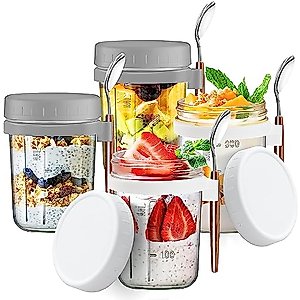 Tekuve 4 Pack Overnight Oats Containers with Lids and Spoon, 16 oz Glass Mason Jars with Airtight Lid for Overnight Oats Meal Prep Chia Yogurt Salad Fruit Gray White