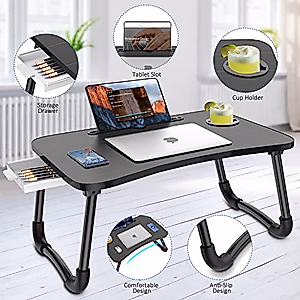 Zapuno Foldable Laptop Bed Table Multi-Function Lap Bed Tray Table with Storage Drawer and Water Bottle Holder, Serving Tray Dining Table with Slot for Eating, Working on Bed/Couch/Sofa (Arc Shape)