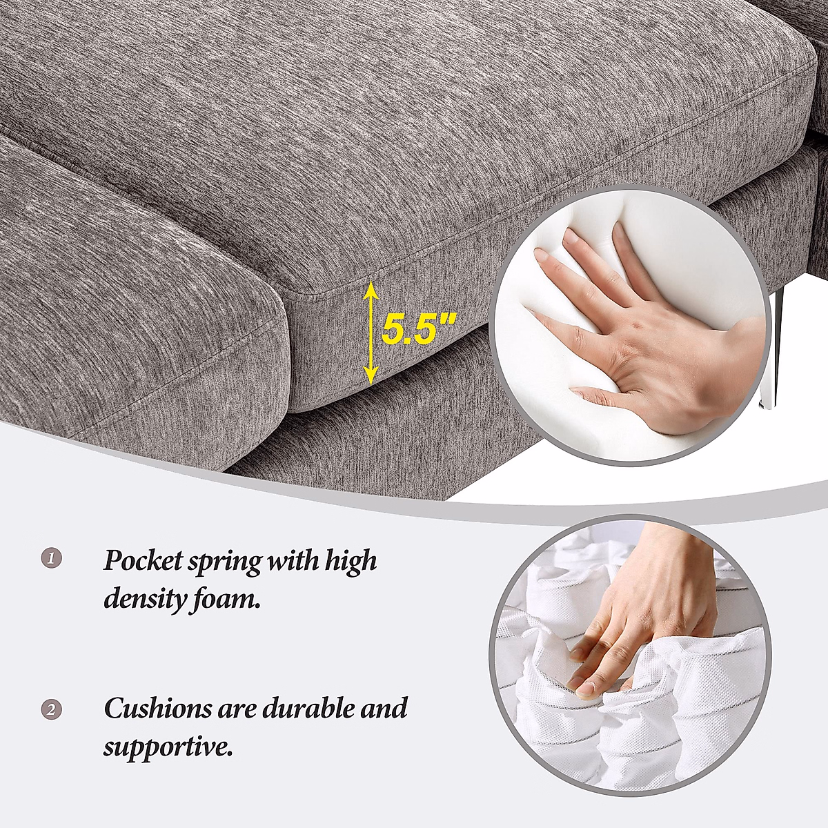 OPTOUGH Modern Chenille Fabric Convertible Sectional Sofa with Reversible Chaise,L-Shaped Couch 3-Seat Sofacair with 2 Pillows for Living Room,Apartment (84" Grey)