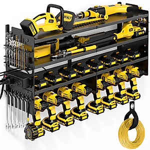 POKIPO Power Tool Organizer Wall Mount with Charging Station, 4 Layer Drill Holder Tool Storage 4 Outlet Power Strip Utility Rack with 6.56ft Cord