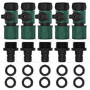 Asgens Hose Quick Connector, 5 Sets 10 PCS 3/4 Inch Garden Hose Fitting Quick Connector Adapter Male and Female Set with Shut-Off Valve Switch,10PCS Extra Rubber Washers
