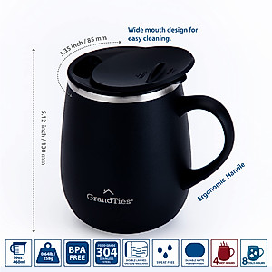 GRANDTIES Insulated Coffee Mug with Handle - Sliding Lid for Splash-Proof 16 oz Wine Glass Shape Thermos Tumbler with Double Walled Vacuum Stainless Steel to Keeps Beverages Hot or Cold - Black