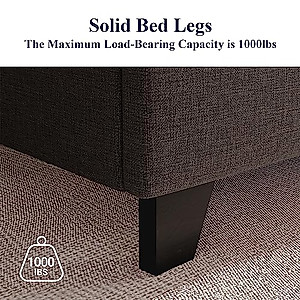 Allewie King Size Platform Bed Frame with Wingback, Upholstered Square Stitched Headboard and Wooden Slats, Mattress Foundation, Box Spring Optional, Easy Assembly, Dark Grey