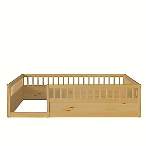Favfurish Full Size Montessori Floor Bed, Solid Wood Playhouse Bedframe with Safety High Fence for Kids, Girls, Boys, Bedroom, Playroom, Easy Assembly & No Box Spring Needed, Natural