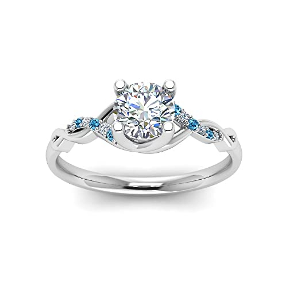 JewelryGift U Prong Twisted Diamond Ring Sterling Silver Natural Blue Topaz Round Shape Blue Color Split Shank Engagement Ring Prong Setting in Size 6 Handcraft Chakra Healing