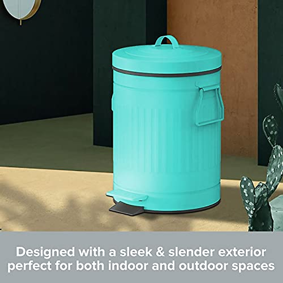 Trashaholic Retro 8L Round Metal Trash Can with Lid and Handles, Teal, 12-Inch