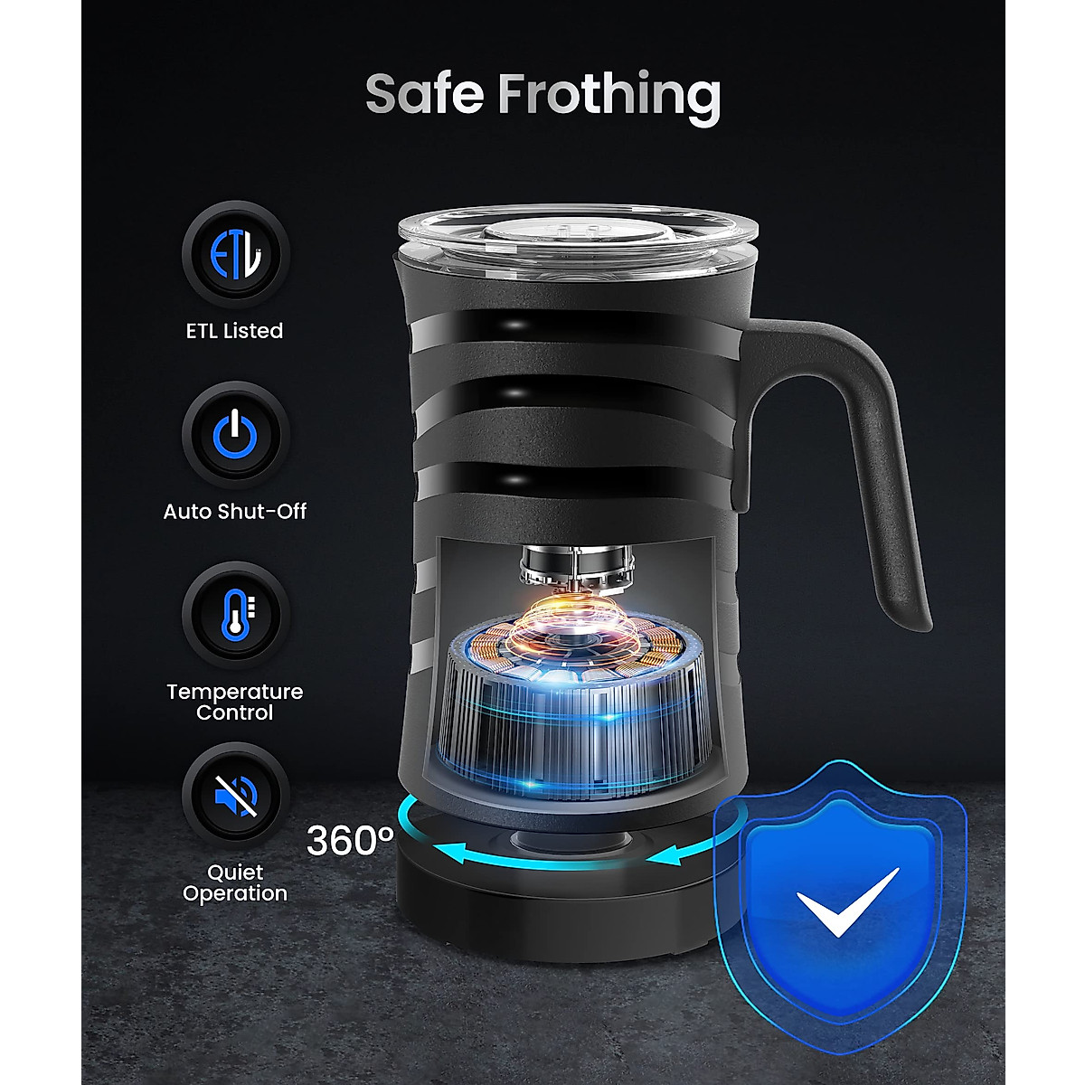 Milk Frother, SAIBOKE 4-in-1 Electric Milk Steamer，Automatic Hot & Cold Foam Maker, 8.8oz/260ml Milk Warmer for Latte, Cappuccinos, Macchiato. Ultra-Quiet Working & Automatic Shut Off.