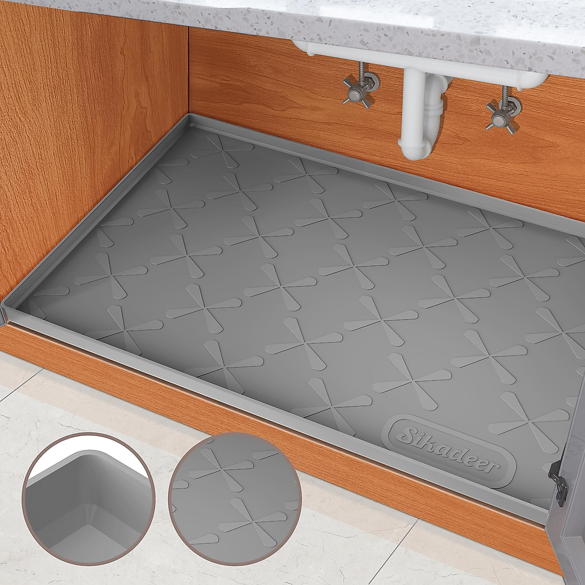 SIKADEER Under Sink Mat for Bathroom Waterproof, 34" x 19" Silicone Under Sink Liner Bathroom Cabinet Shelf Protector Kitchen organizer, Fit 36inch Standard Cabinet Mat Under Sink Organizer Drip Tray
