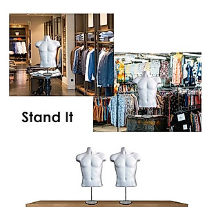 DisplayTown 1 Pack White Male Mannequin Torso with Metal Stand Dress Form Tshirt Display Countertop Hollow Back Body with Metal Pole & Hanging Hook S-M Clothing Sizes