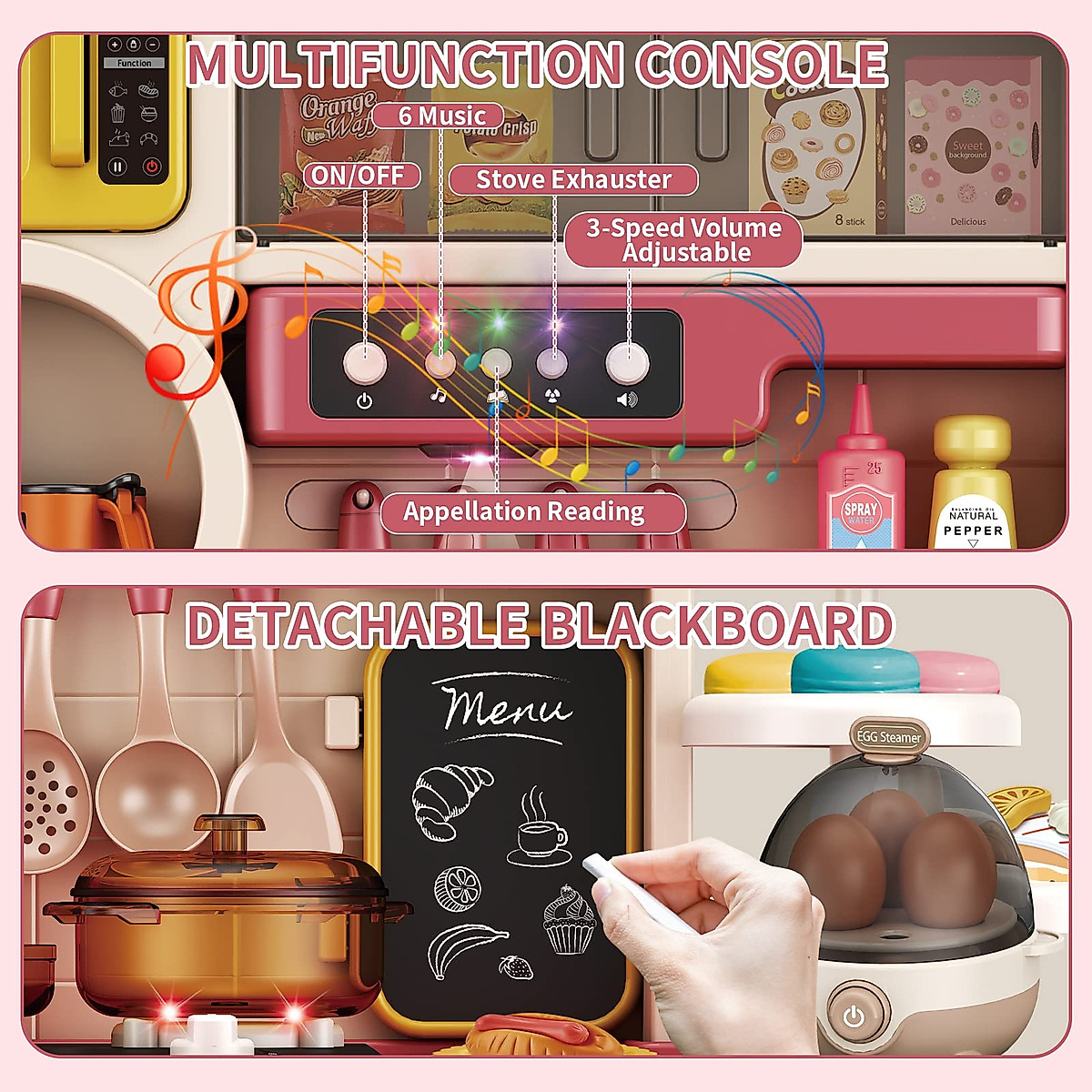 LZZAPJ Kids Play Kitchen Playset, Toy Kitchen with Real Lights and Music,Pretend Steam and Play Sink, Kitchen Accessories Set for Kid, Toddler Birthday for Boy Girls(Red)