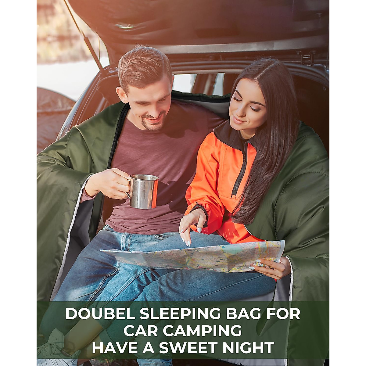 Ohuhu Double Sleeping Bag with 2 Pillows, Waterproof Lightweight 2 Person Adults Sleeping Bag for Camping, Backpacking, Hiking, with Carrying Bag (Green)