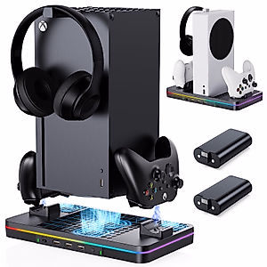 Vertical Charging Stand for Xbox Series X/S with Cooling Fan, Fast Charging Station with 2 X 1100 mAh Rechargeable Battery, Dual Controller Charger Station Accessories with 3 USB Ports&2 Headset Stand