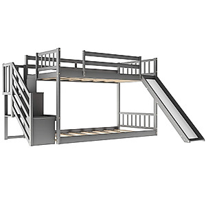 Twin Over Twin Bunk Bed with Slide and Storage Staircase, Twin Size Bunk Bed for Kids, Teens, No Box Spring Needed (Gray, Twin Over Twin)