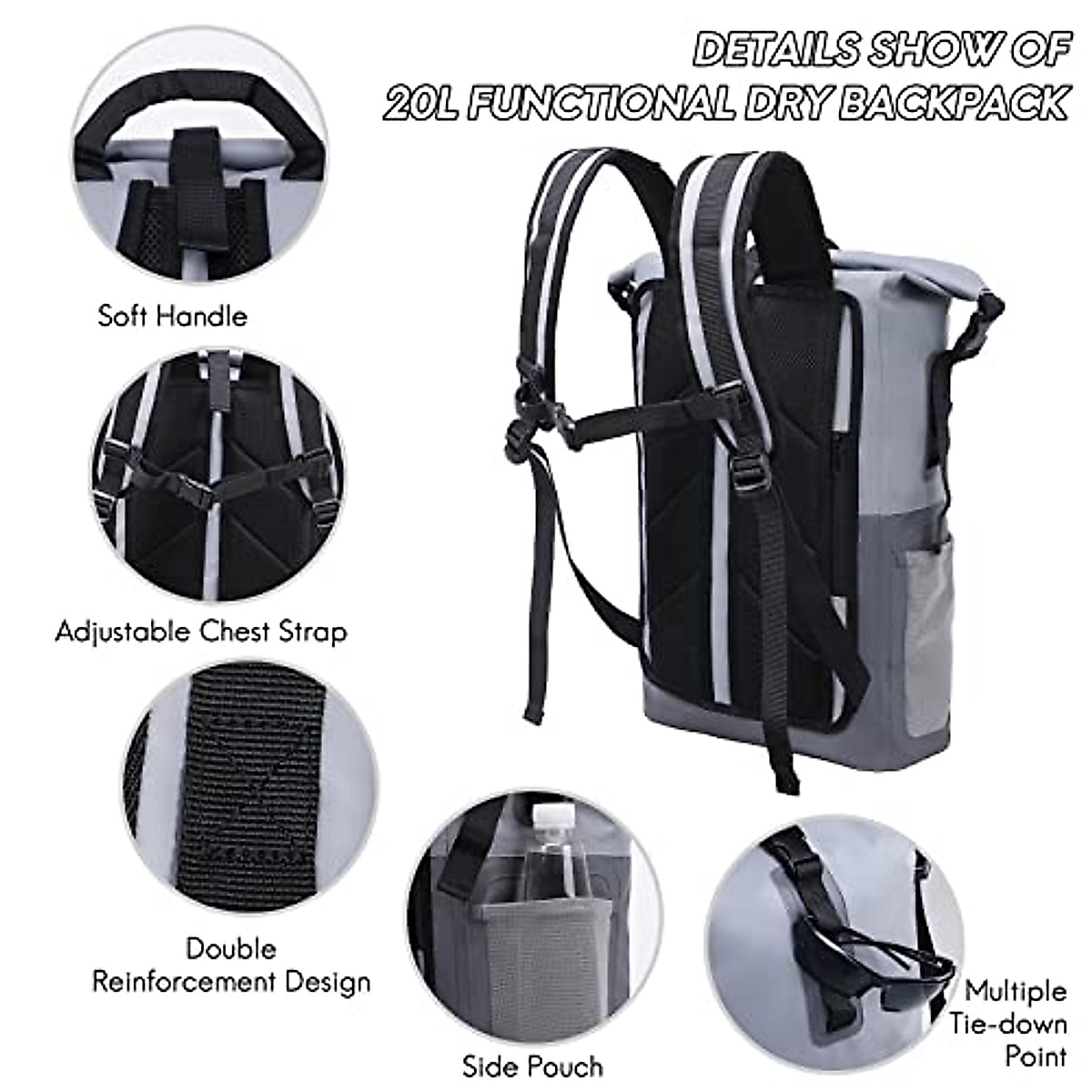 Haimont Dry Bag Waterproof Backpack, Heavy Duty Roll Top Dry Backpack for Men Women SUP, Floating, Sailing, Surfing, 20L, Dark Grey/Light Grey