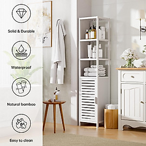HITNET Bathroom Tall Cabinet, Floor Standing Bamboo Storage Cabinet with 6 Shelves and Shutter Door for Kitchen Living Room, White
