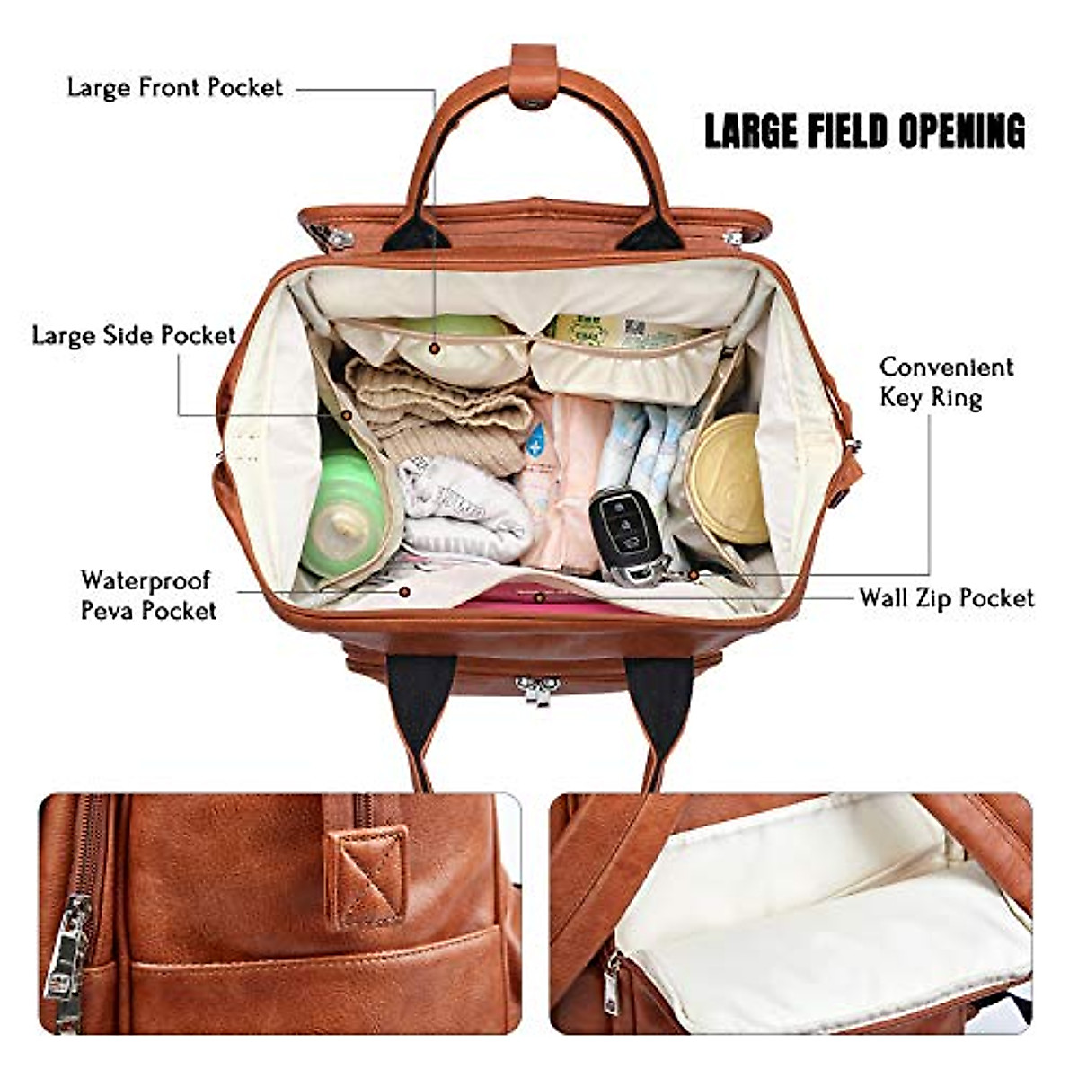 Solim Leather Diaper Bag Backpack Travel Essentials Baby Tote with Changing Pad Pacifier Case 15 Pockets Multi-functional Baby Diaper Bag Backpack Brown