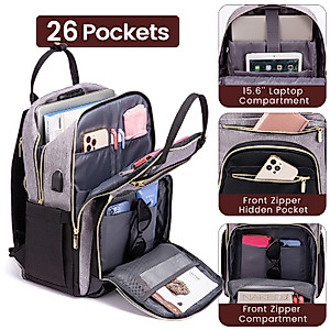 LOVEVOOK Laptop Backpack for Women, Fits 17 Inch Laptop Bag, Fashion Travel Work Anti-theft Bag, Business Computer Waterproof Backpack Purse, University Backpacks, Grey-Black-Balck