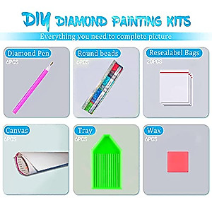 DOTZSO Pack of 6 Adult 5d Diamond Painting Kit, DIY Full Diamond Art kit with Diamond Painting Crystal Rhinestone Cross Stitch Cartoon Picture Art and Craft for Beginners (Clear)