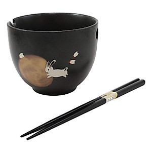 Ebros Pack Of 2 Ceramic Flying White Moon Rabbit Hare Ramen Udong Noodles Black Bowls and Chopsticks For Asian Dining Soup Rice Pasta Salad Collection of Bowl Decor Home Kitchen