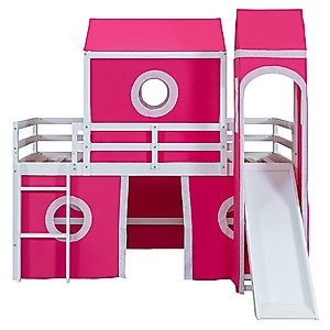 Full Size House Loft Bed Kids Loft Beds with Slide, Tent and Tower, Solid Wood Loft Bed with Small Pinnacle for Kids Girls Boys Teens (Pink)