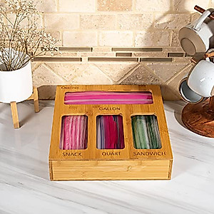 Ziplock Bag Organizer - Plastic Storage Bag Organizer for Kitchen Drawer - Bamboo Quart Baggie Organizer Dispenser for Gallon, Sandwich, Cookies, Snack Bags - Handmade Wooden Plastic Bag Holder-OCDINA