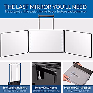 Bluelilly Co. 3 Way Mirror for Makeup & Hair Styling LED Lighted Mirror Portable 360 View Mirror for Braiding