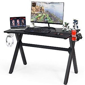 Tangkula Computer Desk Gaming Desk, Ergonomic E-Sports Desk with Cup & Headphone Holder and Mouse Pad, Gamer Workstation with Carbon Fiber Surface and X-Shape Steel Frame, Home Office Desk (Black)
