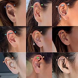 Sanfenly Industrial Piercing Jewelry 14G Stainless Steel Industrial Barbell Earrings with Chain Dangle Industrial Bar Piercing Cartilage Helix Industrial Earrings for Women Men