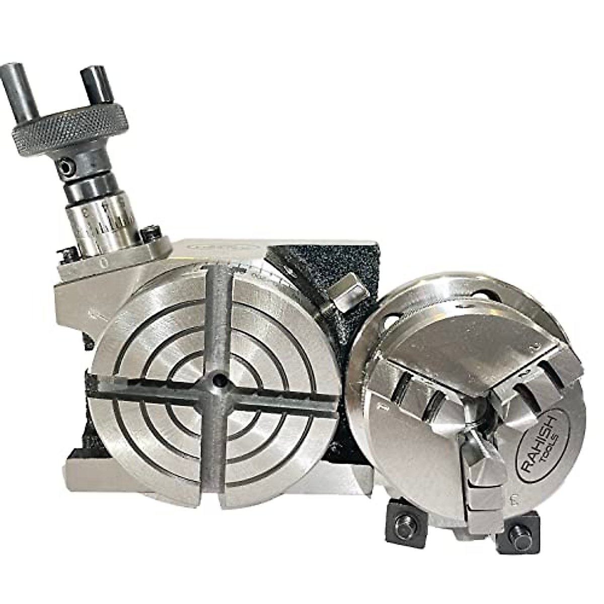 3" inches (75mm) 4 slots Horizontal and Vertical (H/V) Rotary Table with 65mm 3 Jaws Self Centering Chuck with Back Plate and T-nuts for Milling Engineering Tools