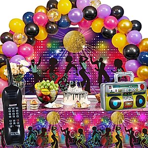 95 Pcs 70s Party Decorations Disco Party Balloons Decoration 70's Party Bundle Includes Inflatable Radio Boombox and Mobile Phone, Disco Plastic Party Backdrop, Tablecloth, Balloons for Hip Hop Party