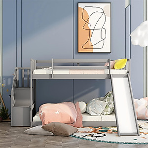 Low Bunk Bed with Slide and Stairs Twin Over Twin Bunk Beds Wood Frame for Kids Toddlers Boys Girls, Gray