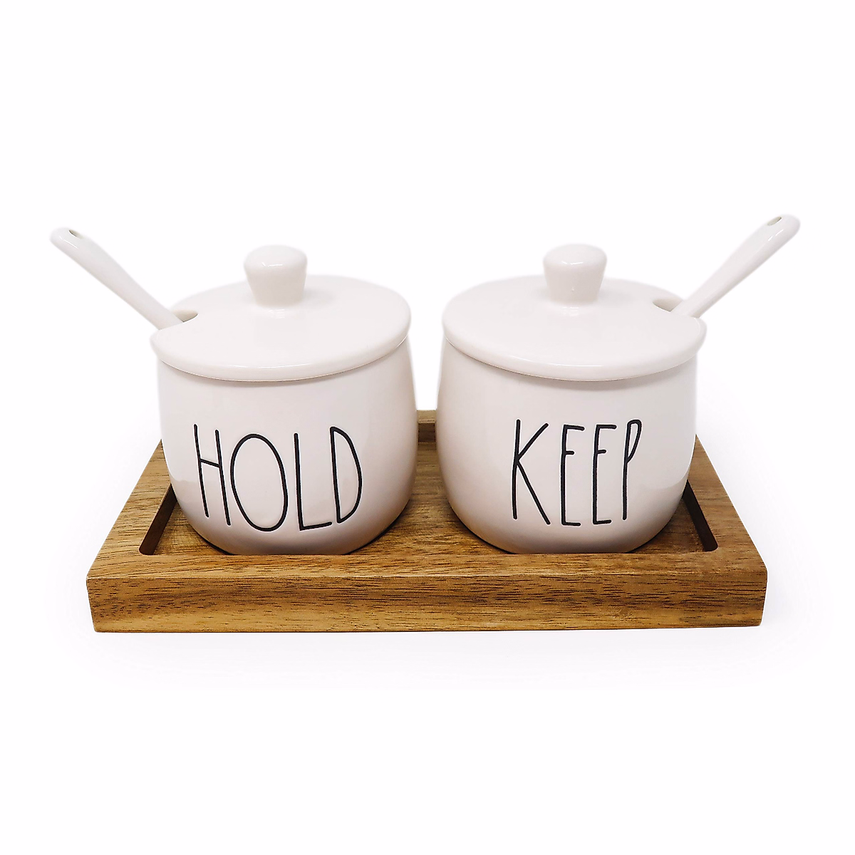 Rae Dunn By Magenta HOLD KEEP 5 Piece Ceramic LL Condiment Pots Container Jars Set With Lids Serving Spoons & Wood Tray 2020 Limited Edition