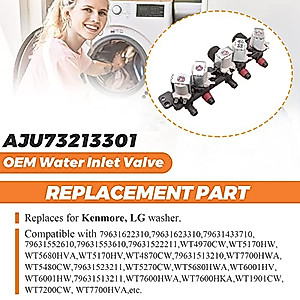 AJU73213301 Washer Water Inlet Valve (OEM part)with 10-year Warranty 2023 UPGRADED GENUNINE water valve replaces for Kenmore LG washing machines wt7200cw, wt5001c*, 79631522211, wt4801cw,wt1201cw,etc.