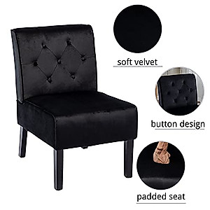 Freemax Velvet Fabric Accent Chair Armless Leisure Side Chair Cute Decorative Slipper Chair Small Tufted Single Sofa Chair for Living Room Bedroom Office Reading Room Nook (Black)