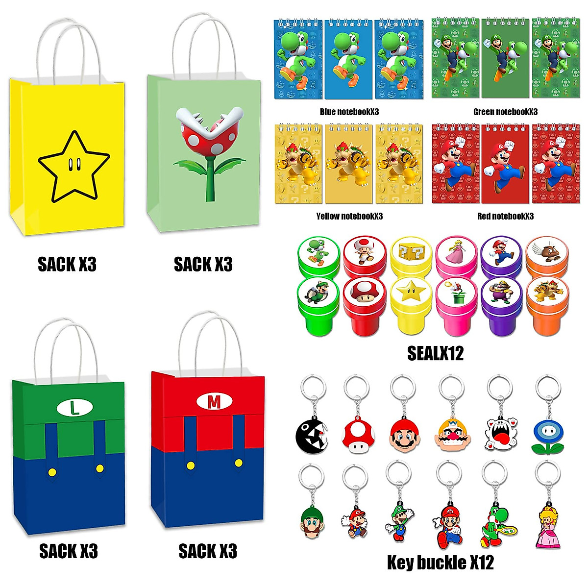 Mario Birthday Party Favors, 98 Pcs Mario Party Decorations Supplies include Mario Gift Bags, Stamps, Mini Notebooks, Keychains, Stickers Best Gift Bag Filler for Themed Party.