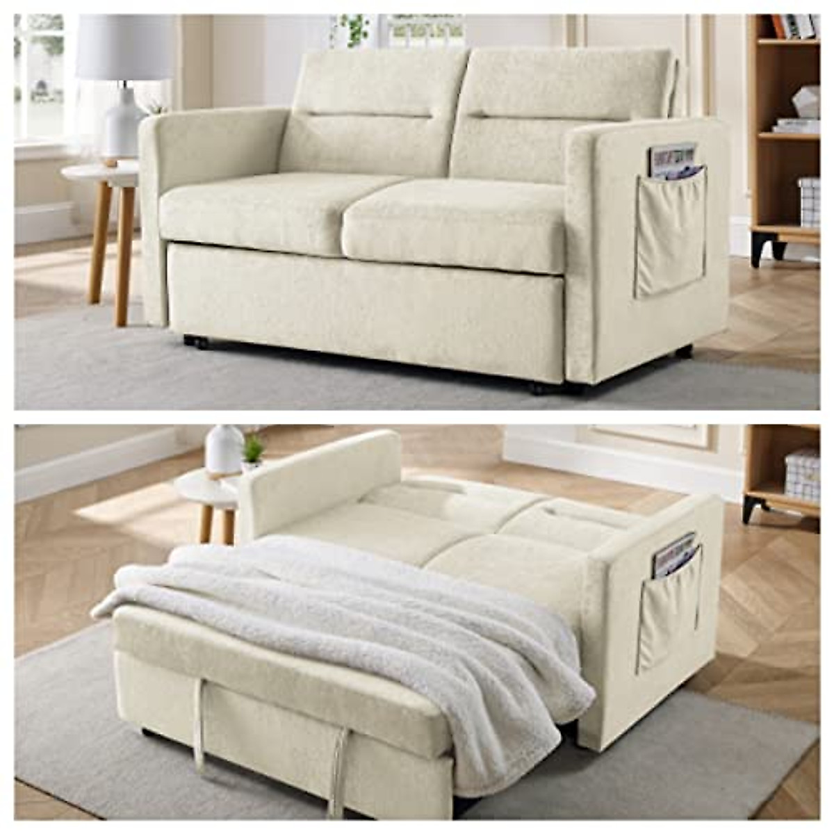 Pull Out Loveseat Sleeper Convertible Sleeper Sofa Bed Full Size Pull Out Couch with Storage Pocket and Adjsutable Back for Small Space Living Room, Beige