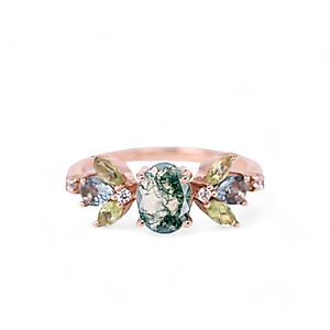 Moss Agate Cluster Ring Peridot Women Wedding Ring Art Deco Bridesmaid Jewelry Natural Stone Bridal Ring Gift For Wife BY KANISHKA GEMS JEWELS, Blue,Green