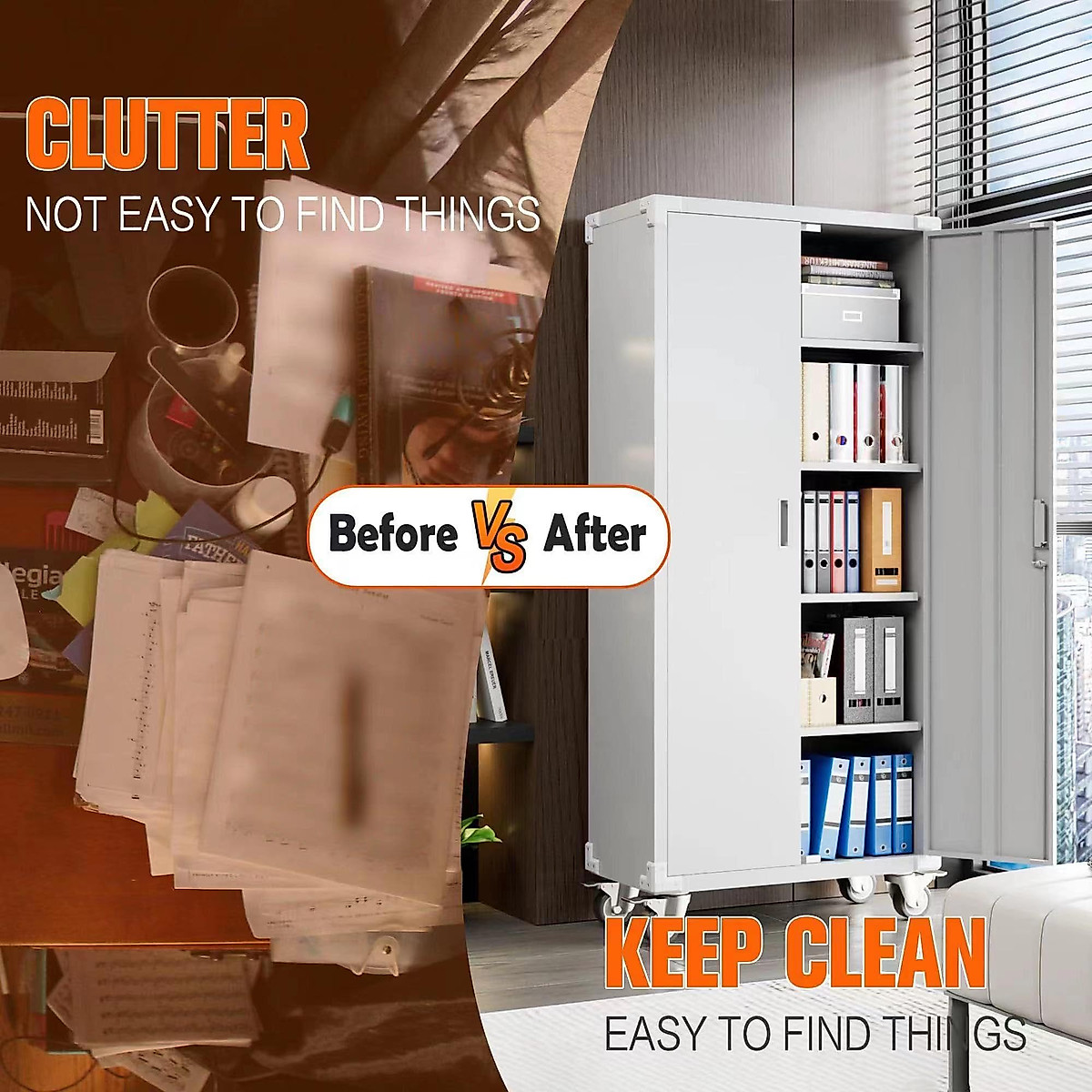 Aobabo Metal Storage Cabinet with Wheels,Heavy Duty Office Storage Cabinet with Lock,Steel Cabinet with 2 Doors and 4 Adjustable Shelves for Office Home School Storage,Required-Assembly White