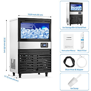 Gravee Commercial Ice Maker Machine, 150lbs/24H Under Counter Ice Maker Machine Stainless Steel with 27lbs Ice Storage Bin, Freestanding Ice Maker for Restaurant, Bar, Home, Office, Cafe