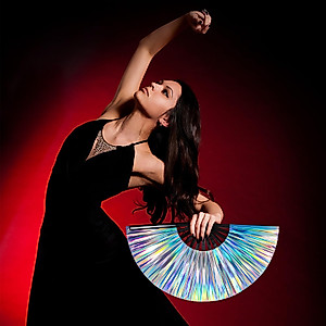 FairySandy Large Rave Fan UV Glow Hand Fan with Holster for Men/women, Rave Fan for Edm Music Festival Club Rave Accessories (Laser)