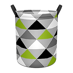 Waterproof Foldable Laundry Hamper with Handles Lime Green Black White Triangles On Light Gray Round Dirty Clothes Laundry Basket Storage Bin Organizer for Toy Collection